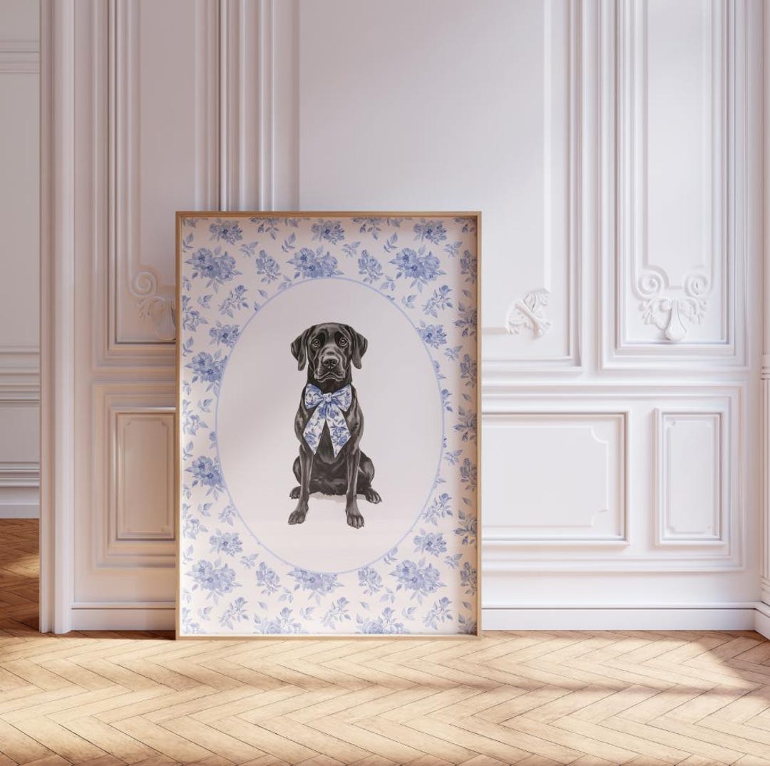 Preppy Black Labrador Art Print, Chinoiserie Aesthetic Dog Print ...
