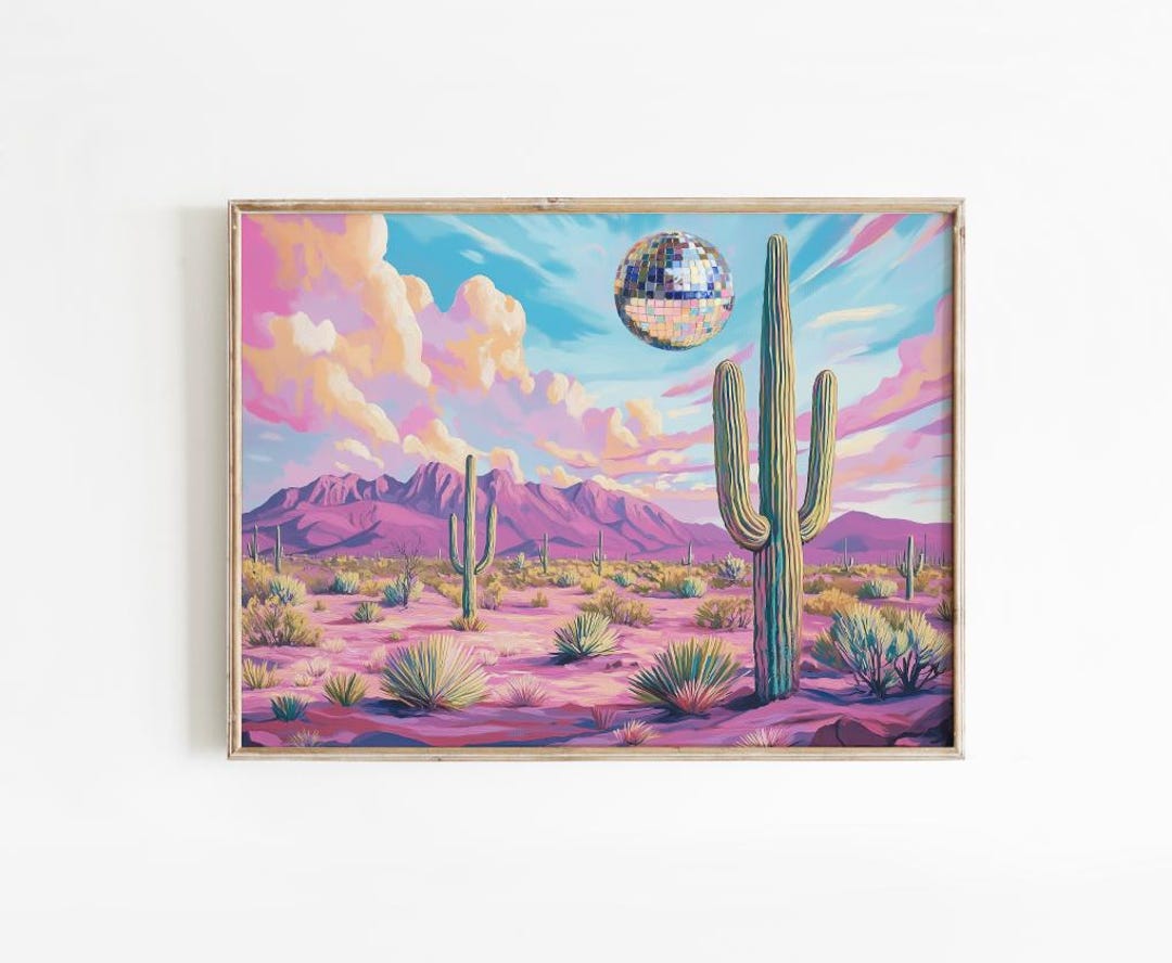 Disco Cactus Cowgirl Wall Art, Cowgirl Dorm Decor, Funky Disco Digital ...