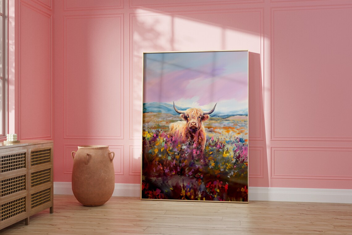 Highland Cow Print, Pink Print, Vintage Art, Western Girly Preppy ...