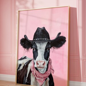 Cow Cowboy Hat Print, Pink Print, Vintage Art, Western Girly Preppy ...