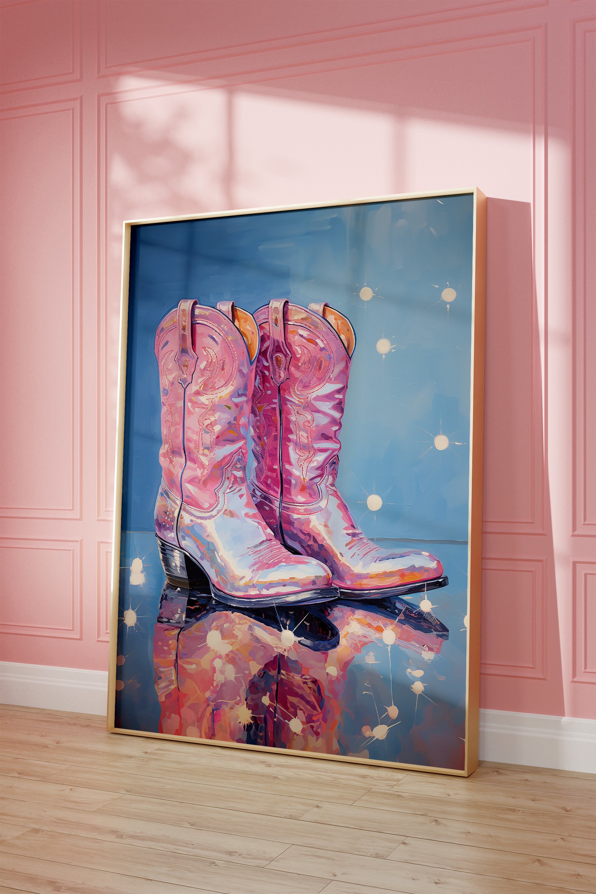 Retro Disco Cowgirl Boots, Pink Print, Vintage Art, Western Art ...