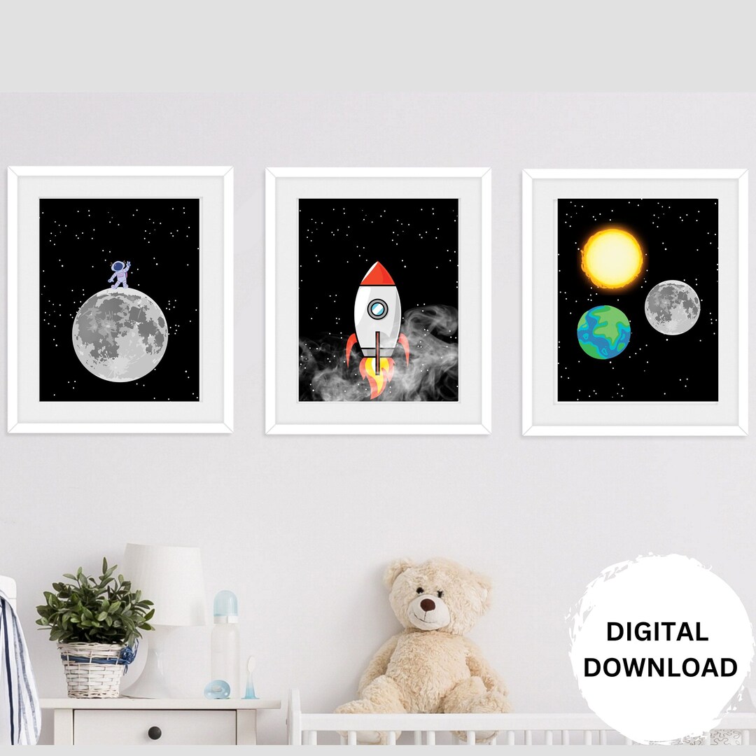 Space, Outer Space Digital Print, Moon, Astronaut, Rocket Ship, Planets ...