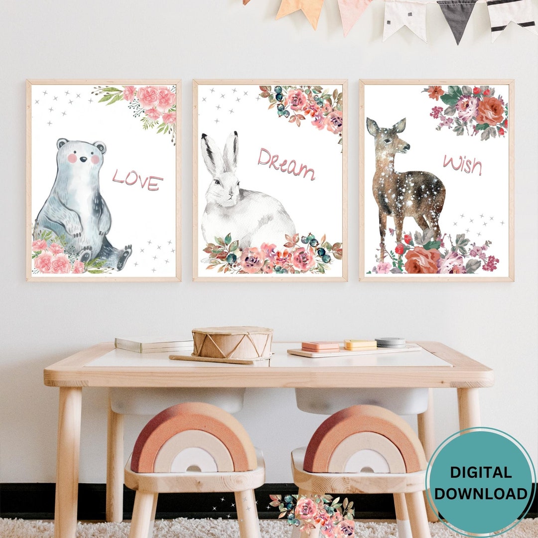 Love, Dream, Wish Animal Digital Art Print, Kids Adorable Animal Art ...