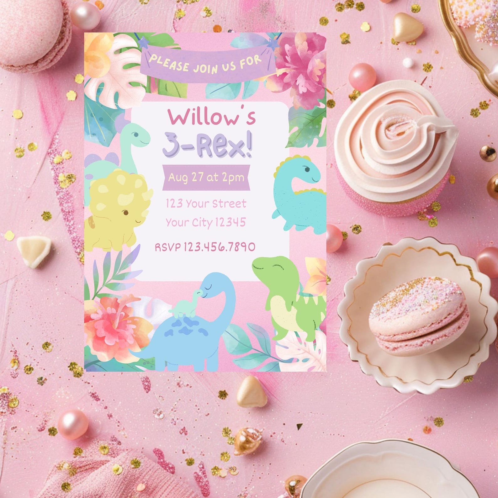 Three Rex Girl Birthday Invitation: Pink & Purple Dinosaur Party ...