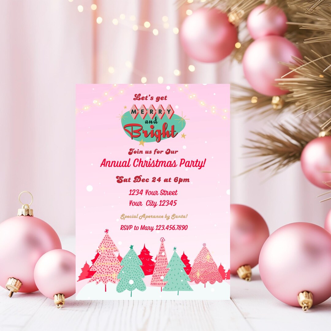 Pink Christmas Party Invitation Holiday Invitation Christmas Trees ...