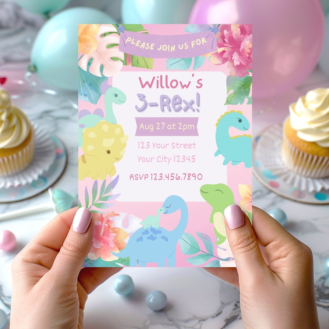Three Rex Girl Birthday Invitation, Pastel Dinosaur Birthday Invitation ...