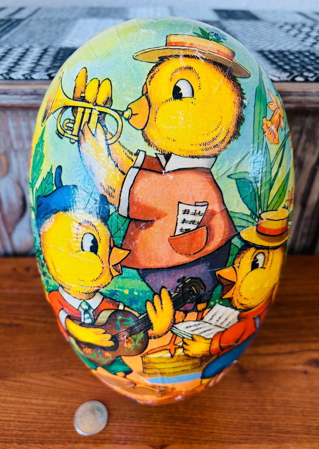 Vintage Paper Mache’ Large 9 3/4” Long Easter Egg With Musical Chicks ...
