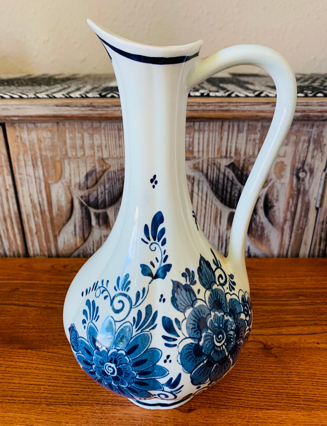 Vintage Blauw Delfts Distel Pitcher/vase With a Hand-painted Peony Rose ...