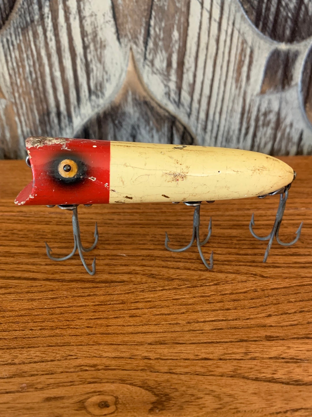 Vintage Heddon Baby Lucky 13 Wooden Fishing Lure Plug With 3 Treble ...