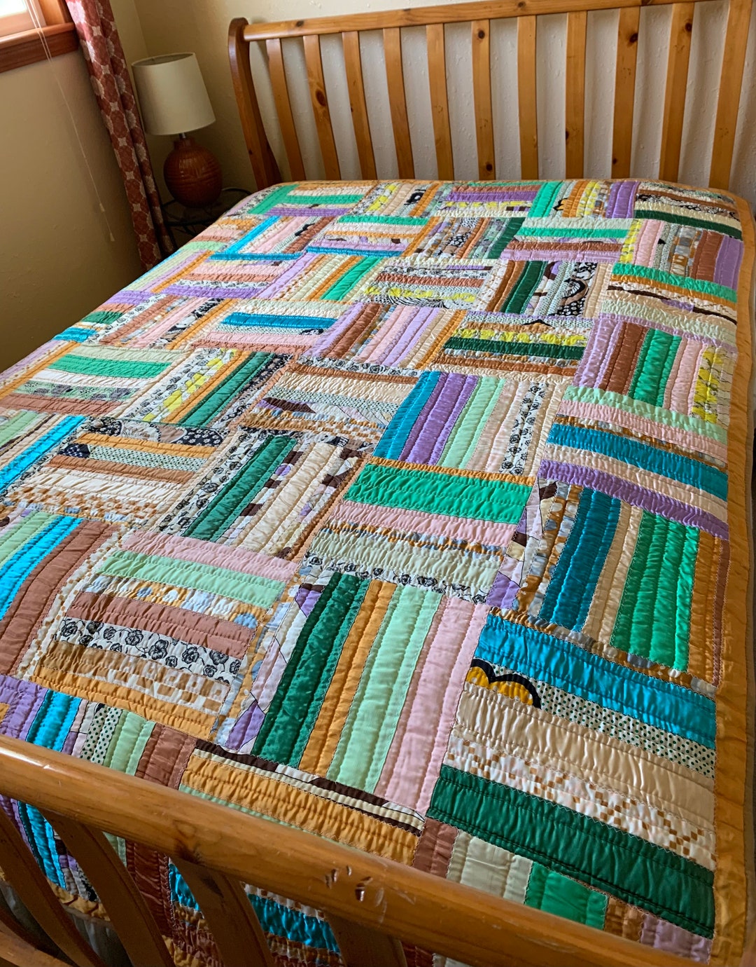 Vintage Scrappy Crazy Strips Quilt Hand-made With Zig Zag Stitching ...