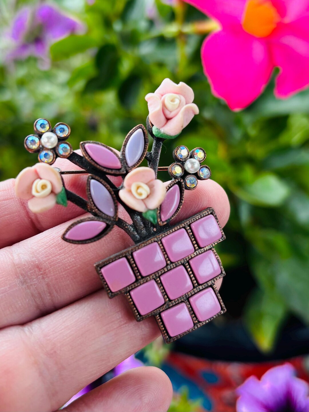 Vintage Greenwich Enameled Pink Floral Potted Brooch - Etsy