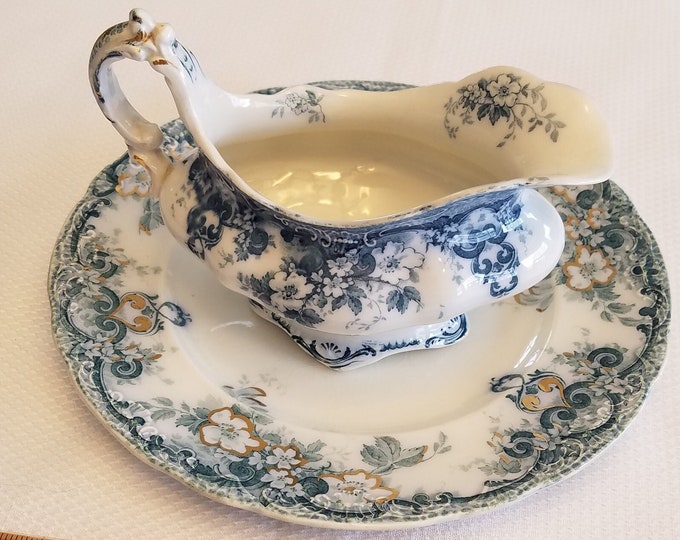 Antique Alfred Meakin Gravy Boat & Plate Richmond Pattern Blue and ...