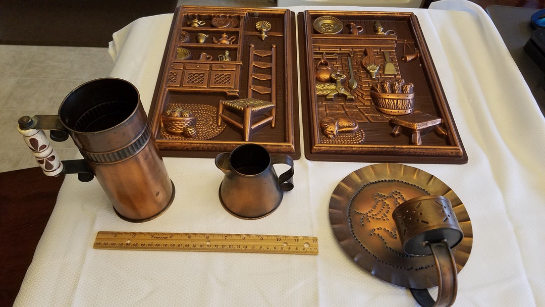 5 Vintage Copper Style Kitchen Decor Wall Plaques Planters Mug Cup ...