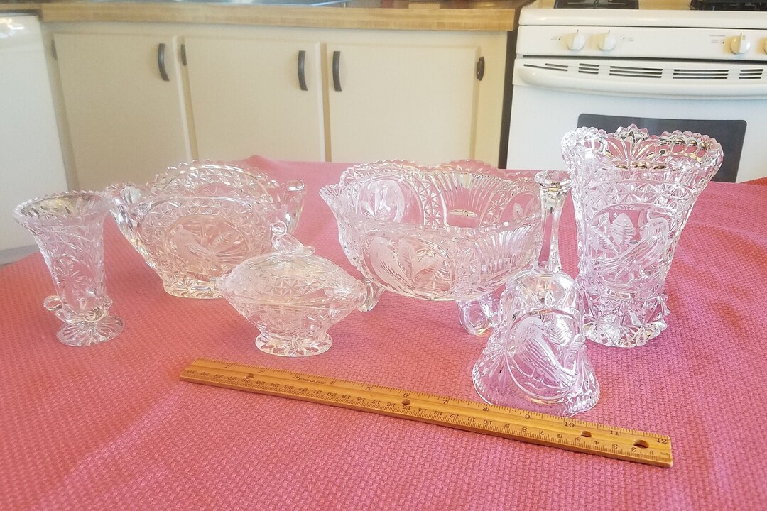 6 Vintage Hofbauer Crystal Glass Collection Oval Bowl Floral Vase ...