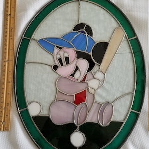 Rare 15" Mickey Mouse Oval Stained Glass Suncatcher Window Ornament ...