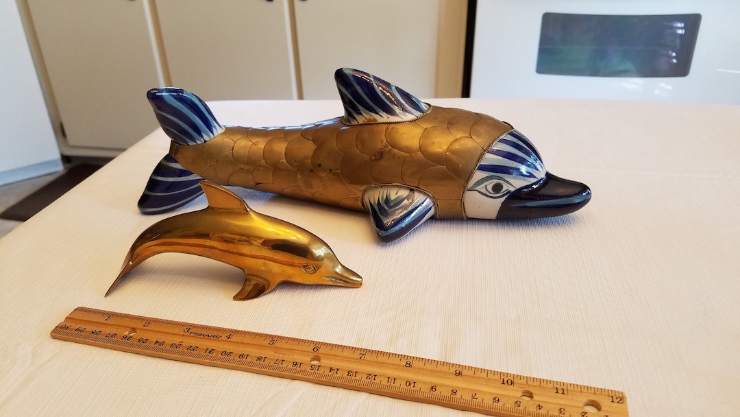2 Vintage Porpoise Dolphin Brass & Painted Ceramic Pottery - Etsy