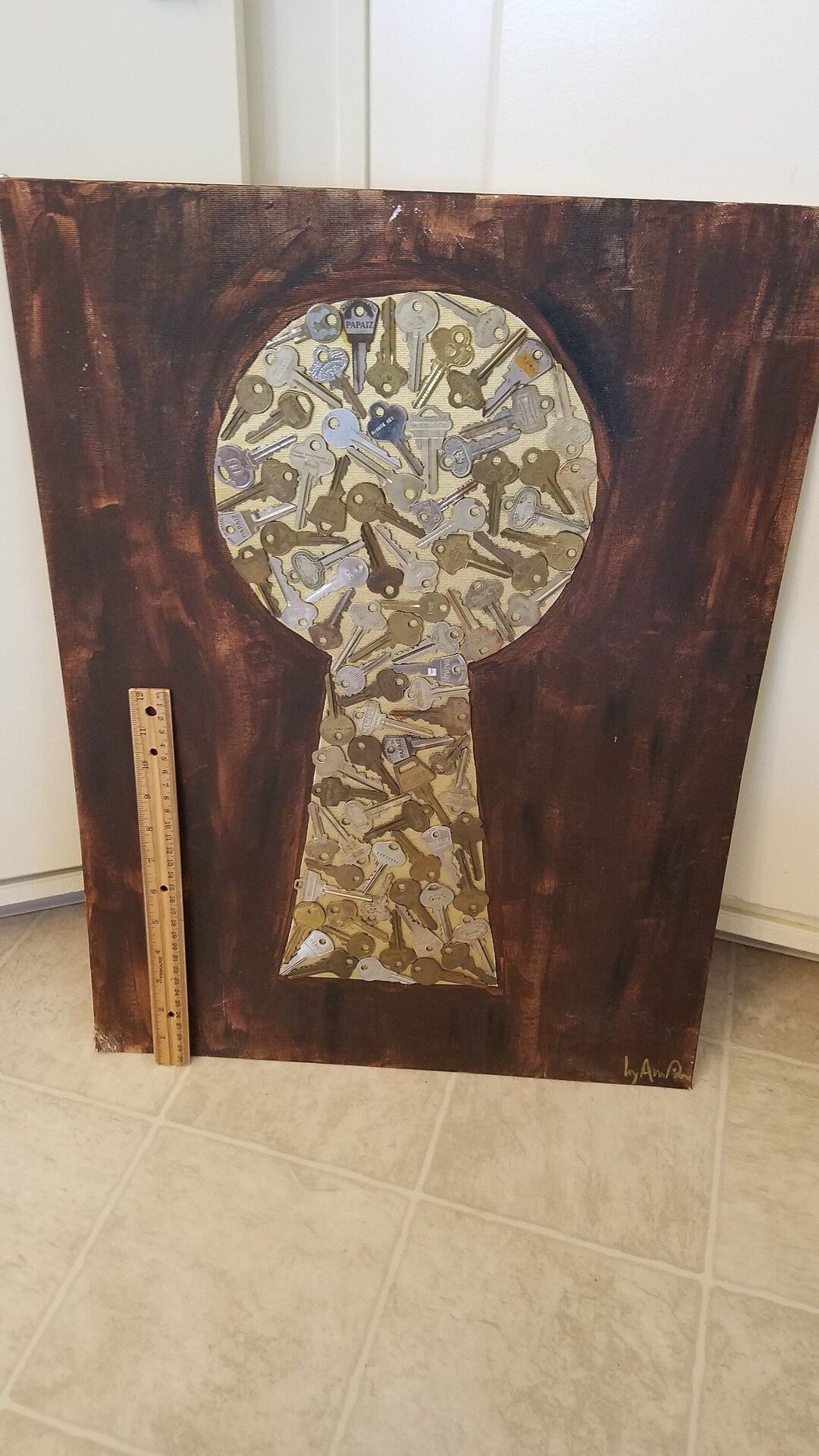 18" X 24" Signed Art Keyhole Picture on Canvas Board W/ Antique Keys ...
