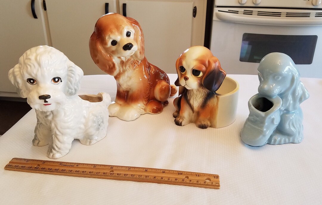 4 Antique Puppy Dog Ceramic Planters - Cocker Spaniel - Beagle - Poodle ...