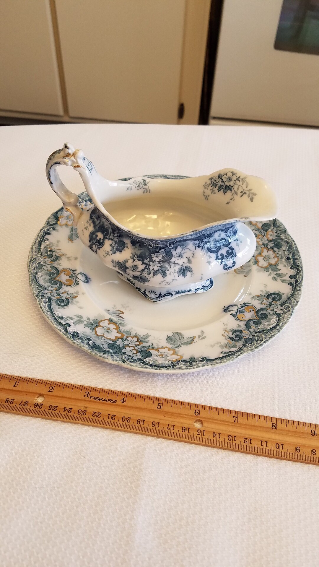 Antique Alfred Meakin Gravy Boat & Plate Richmond Pattern Blue and ...