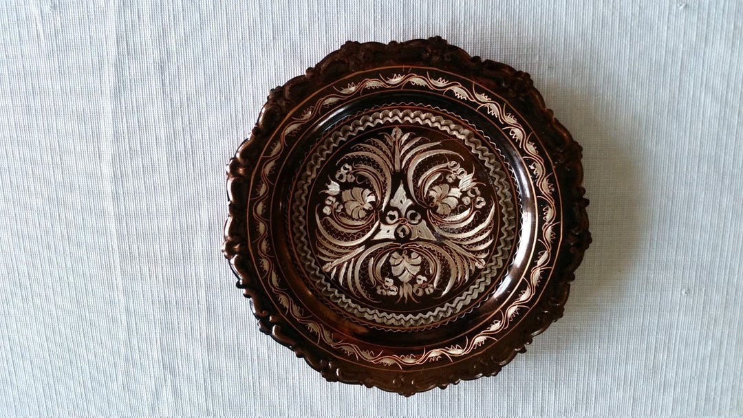 Vintage Turkey Copper Enamel Etched Metal Plate Dish Gulistan Imports ...