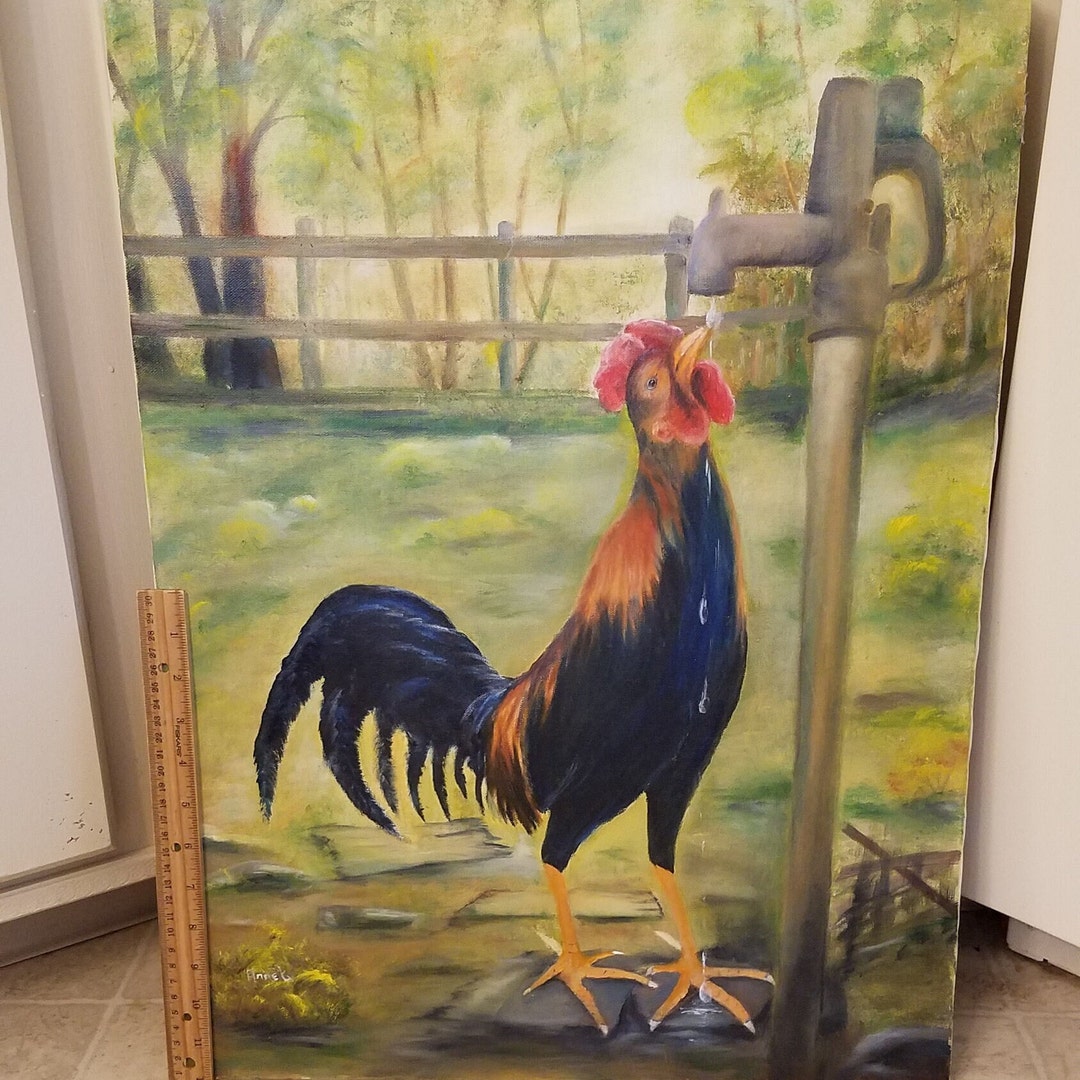Rooster Oil on Canvas Painting Signed 18x24 Drinking Well Water at ...