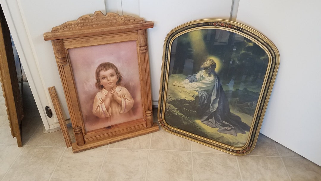 2 Antique Religious Framed Litho Prints 1930 - 1950s - Jesus Garden of ...
