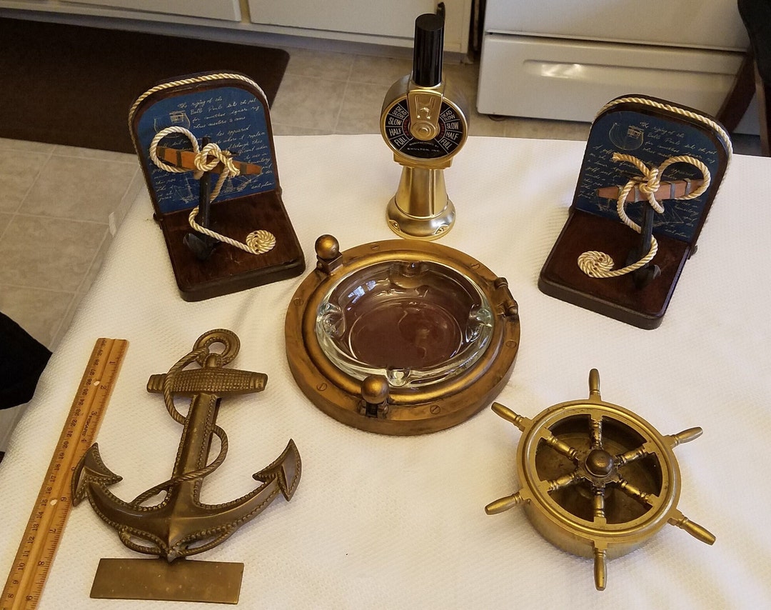Vintage Nautical Ocean Decor 1970s Brass Door Knocker & Ashtray Wooden ...