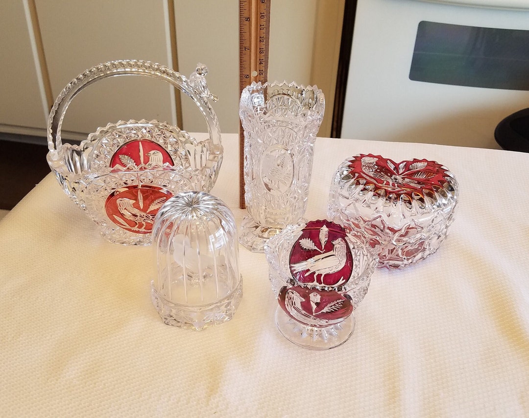 5 Vintage Hofbauer Lead Crystal Glass Collection - Basket - Bird in ...