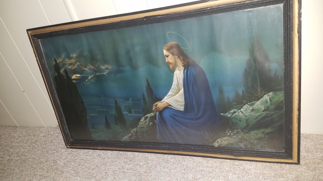 Antique 1920s Jesus Christ on Mount of Olives Litho Print 32x18 Gesso ...