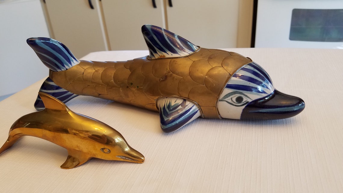 2 Vintage Porpoise Dolphin Brass & Painted Ceramic Pottery - Etsy