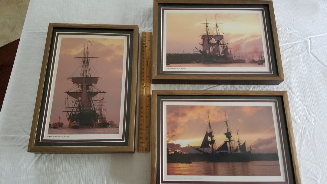 3 Vintage Bronze Metal Framed Litho Prints 8x12 Endeavour Ship at ...