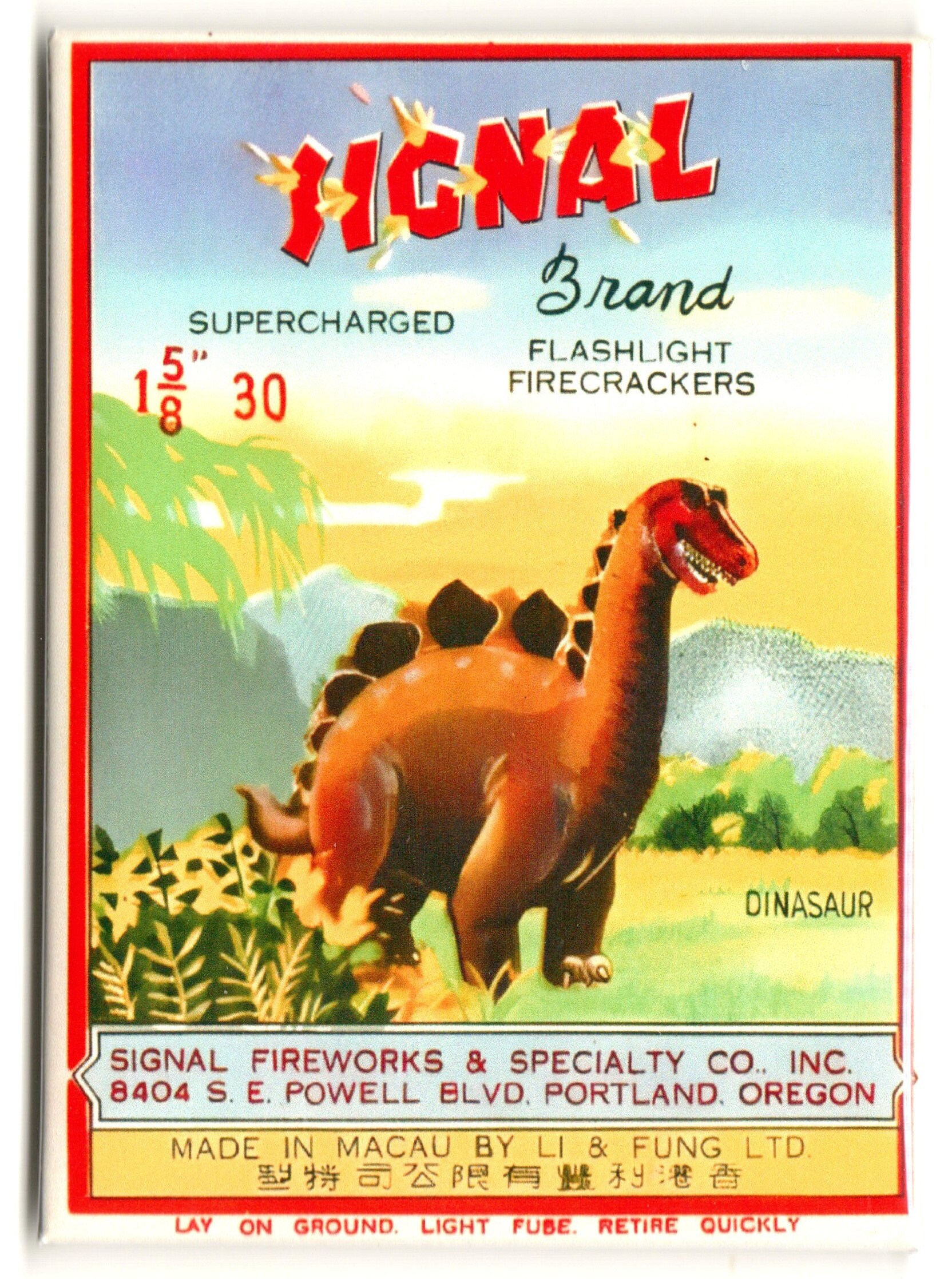 Vintage Signal Dinosaur Firecracker Label on a Fridge Magnet 2.5 X 3.5 Handmade Magnet of ...
