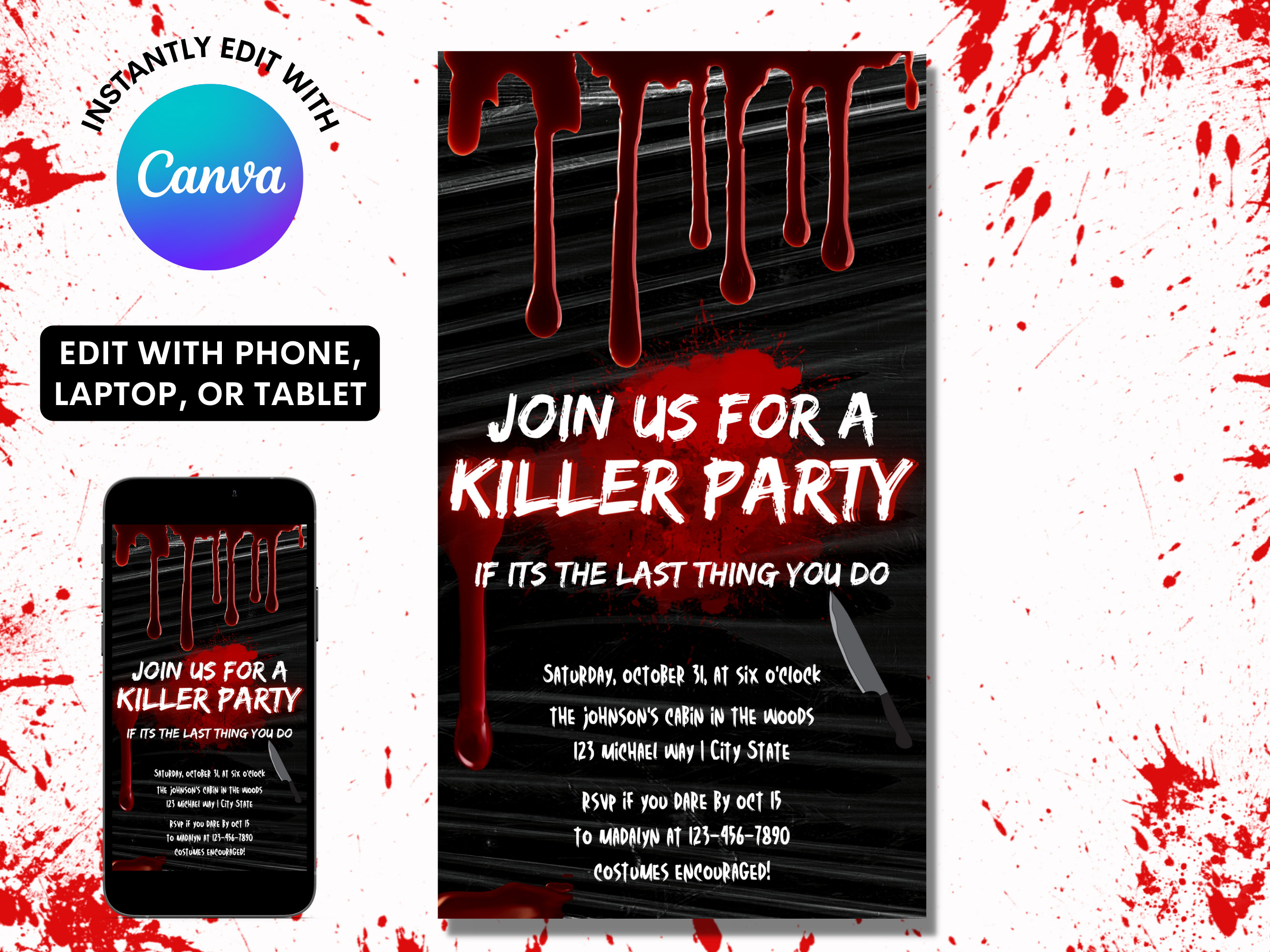 Killer Halloween Party Invitation Bloody Horror Movie Digital Invite ...