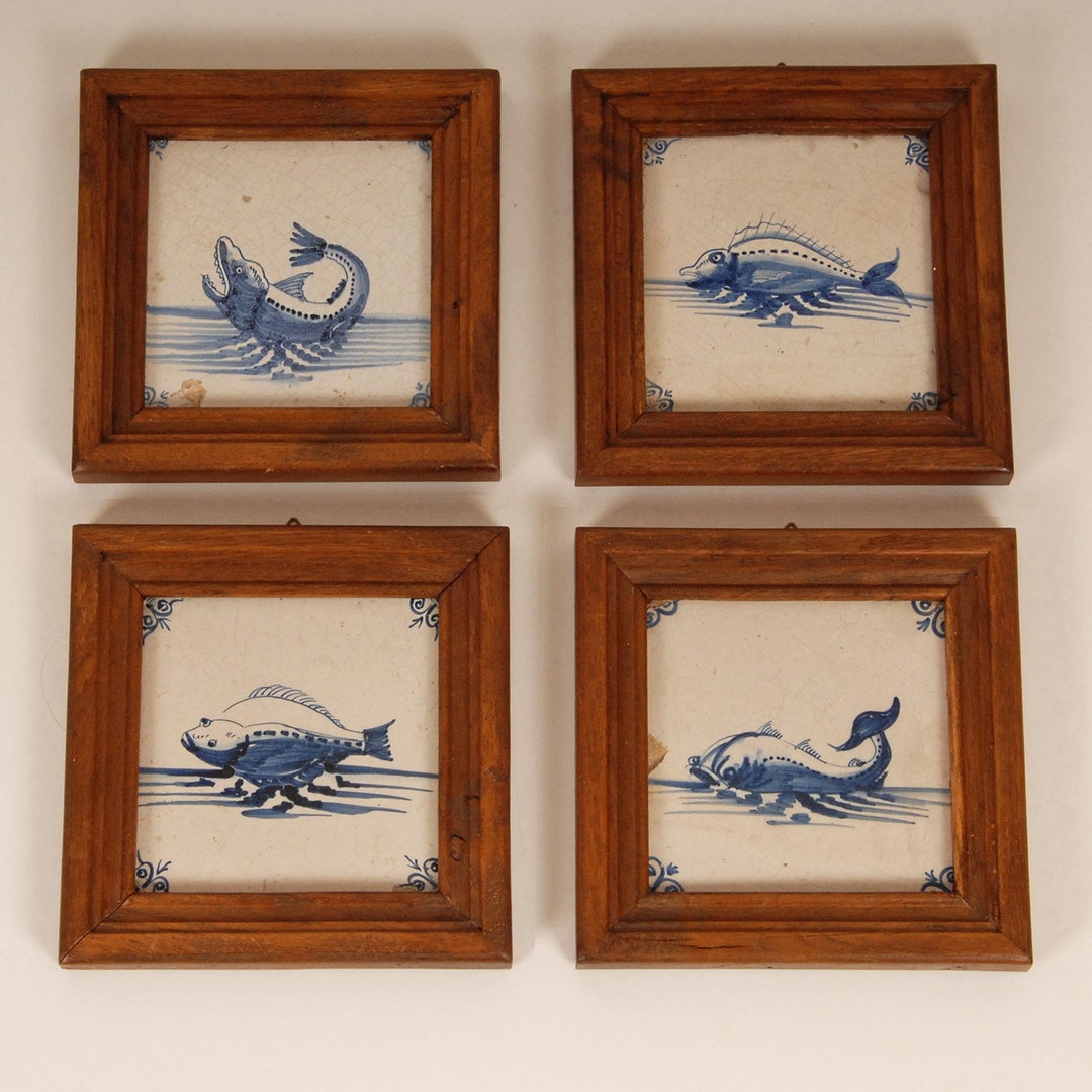 Antique Delft Tiles 17th Century: Framed Sea Creatures, Baroque Oak ...