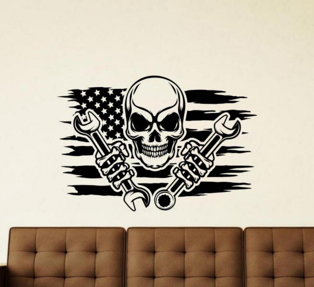 Mechanic Skull Wall Decal Vinyl Sticker US American Flag Tools Decor ...