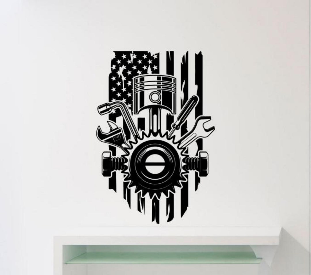 Mechanic Wall Decal Vinyl Sticker US American Flag Tools Decor Wall Art ...