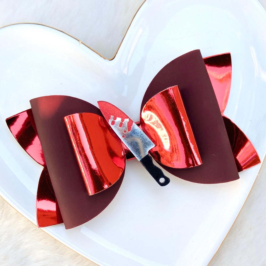 RED BLOODY KNIFE Bow, Silver Cleaver Saw Barrette, Shiny Blood Drip ...