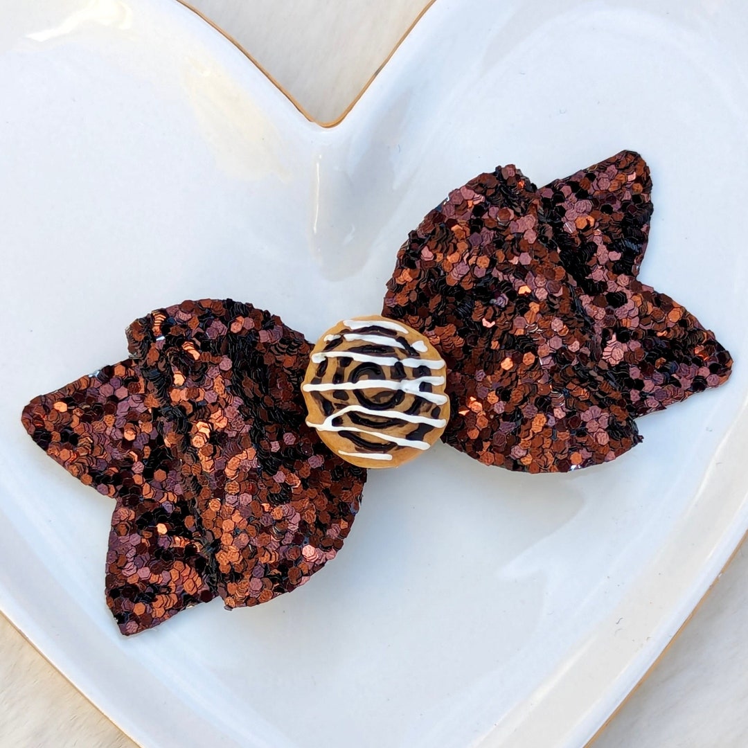 CINNAMON ROLL SWIRL Glitter Bow, Sweet Sticky Bun Hair Clip, Dark Brown ...