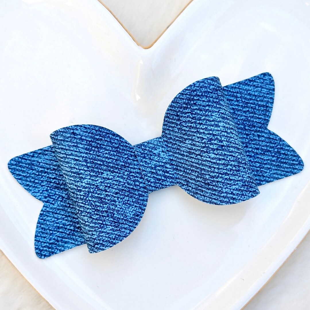 BLUE DENIM JEAN Bow, Textured Medium Wash Print Barrette, Distressed ...