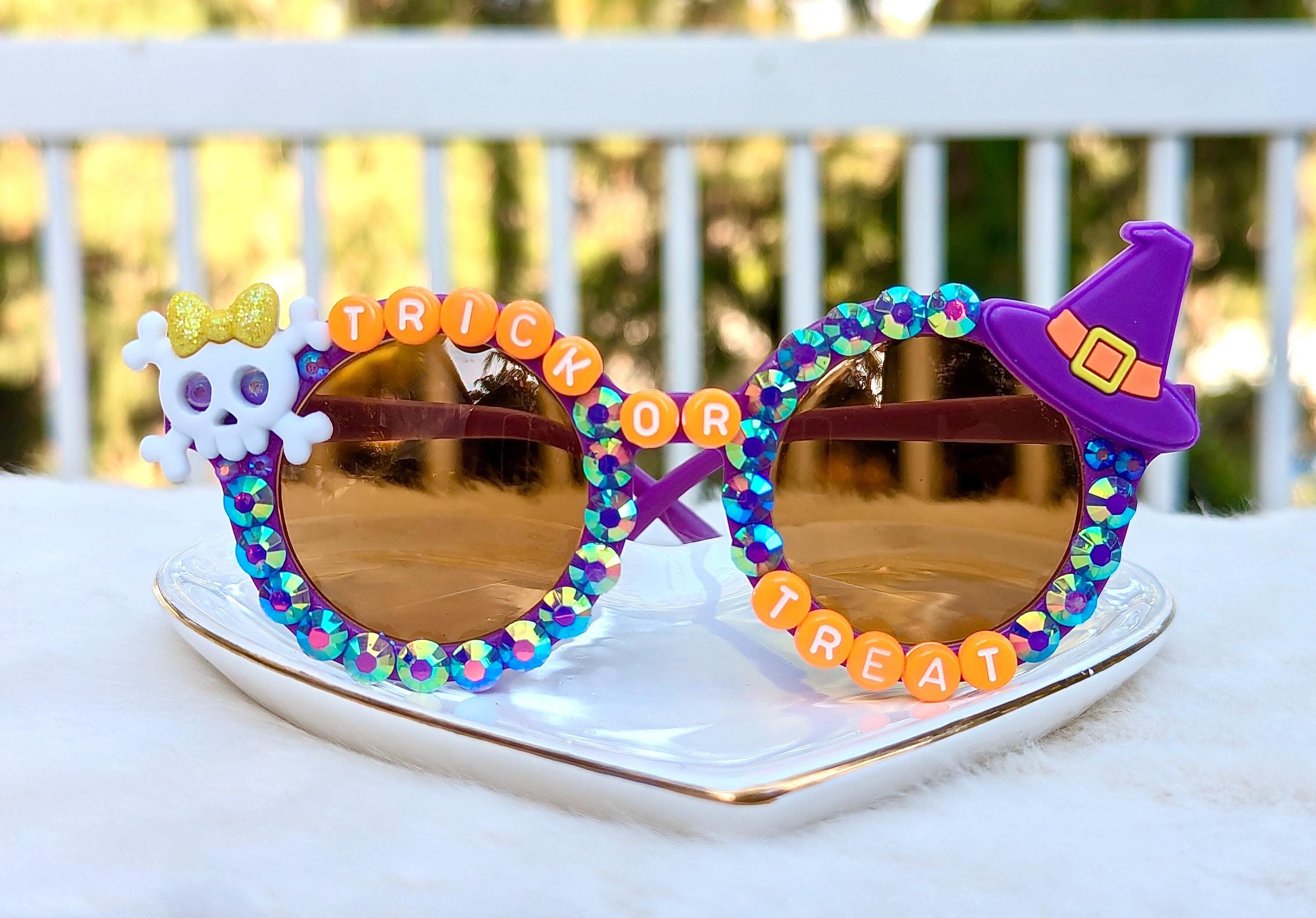 PURPLE ORANGE WITCH Hat Halloween Sunglasses, Yellow Skull Crossbone ...