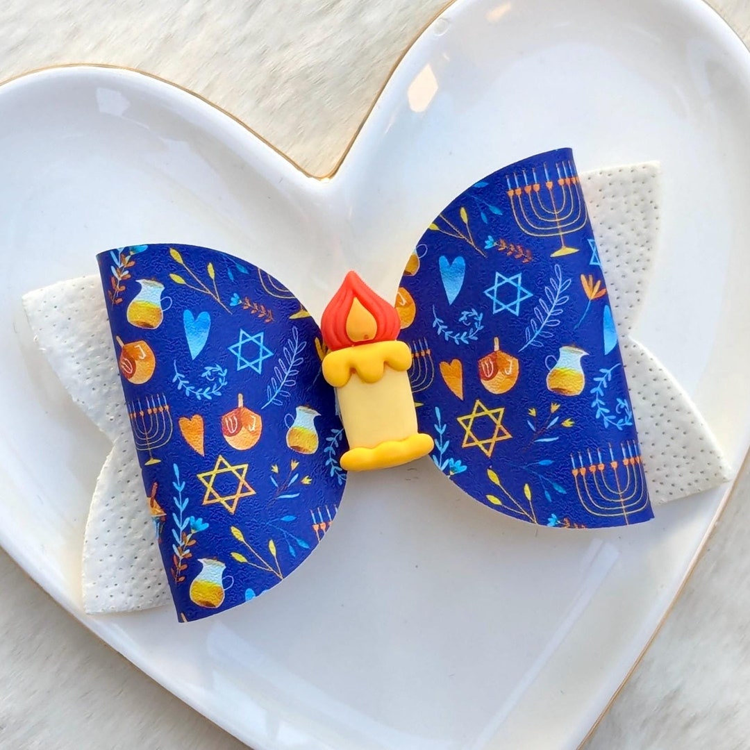 BLUE WHITE HANUKKAH Bow, Gold Menorah Hanukkiah Hair Clip, Star David ...