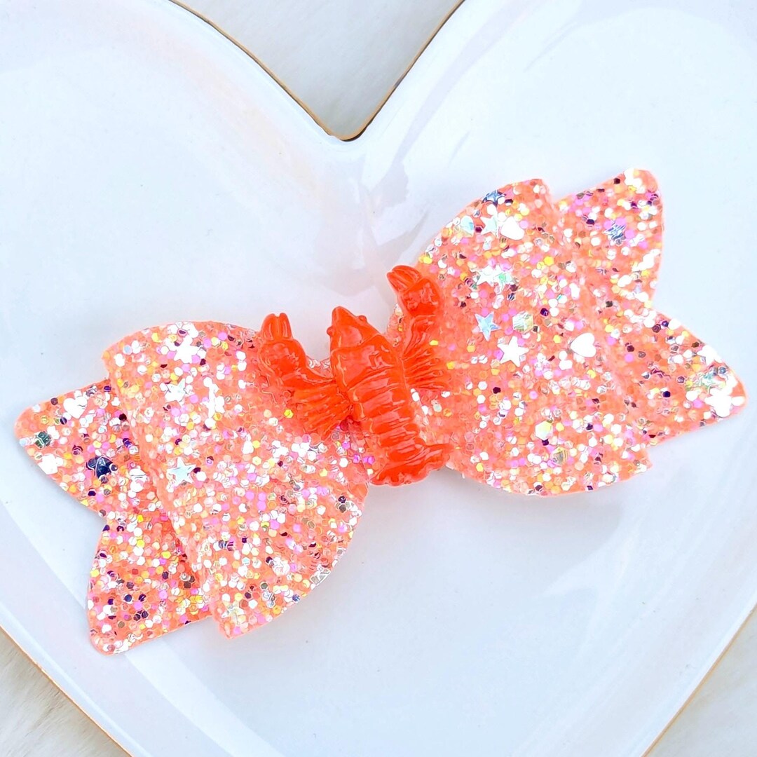 RED ORANGE LOBSTER Claw Glitter Bow, Bright Shellfish Hair Clip ...