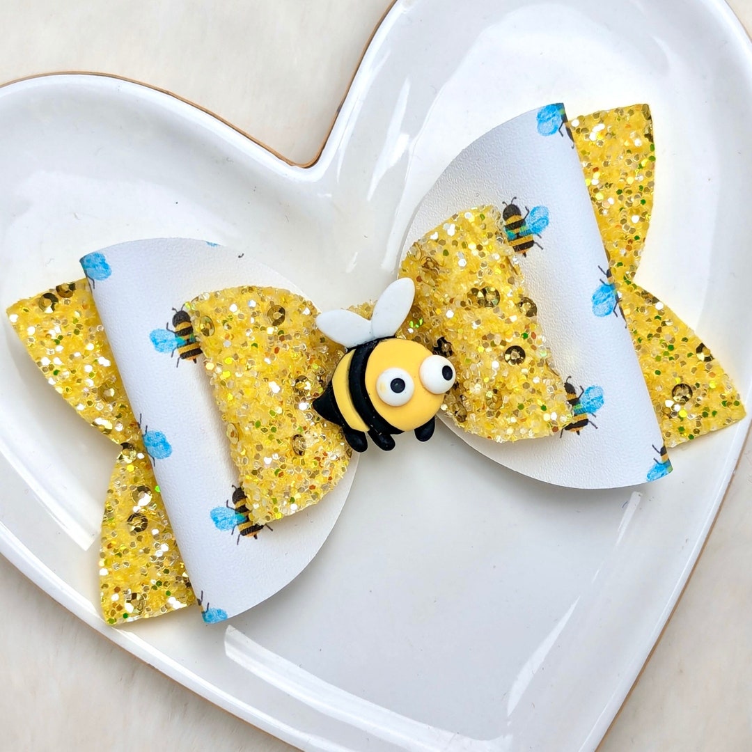 YELLOW HONEY BEE Bumblebee Glitter Bow, Golden Honeycomb Hair Clip ...