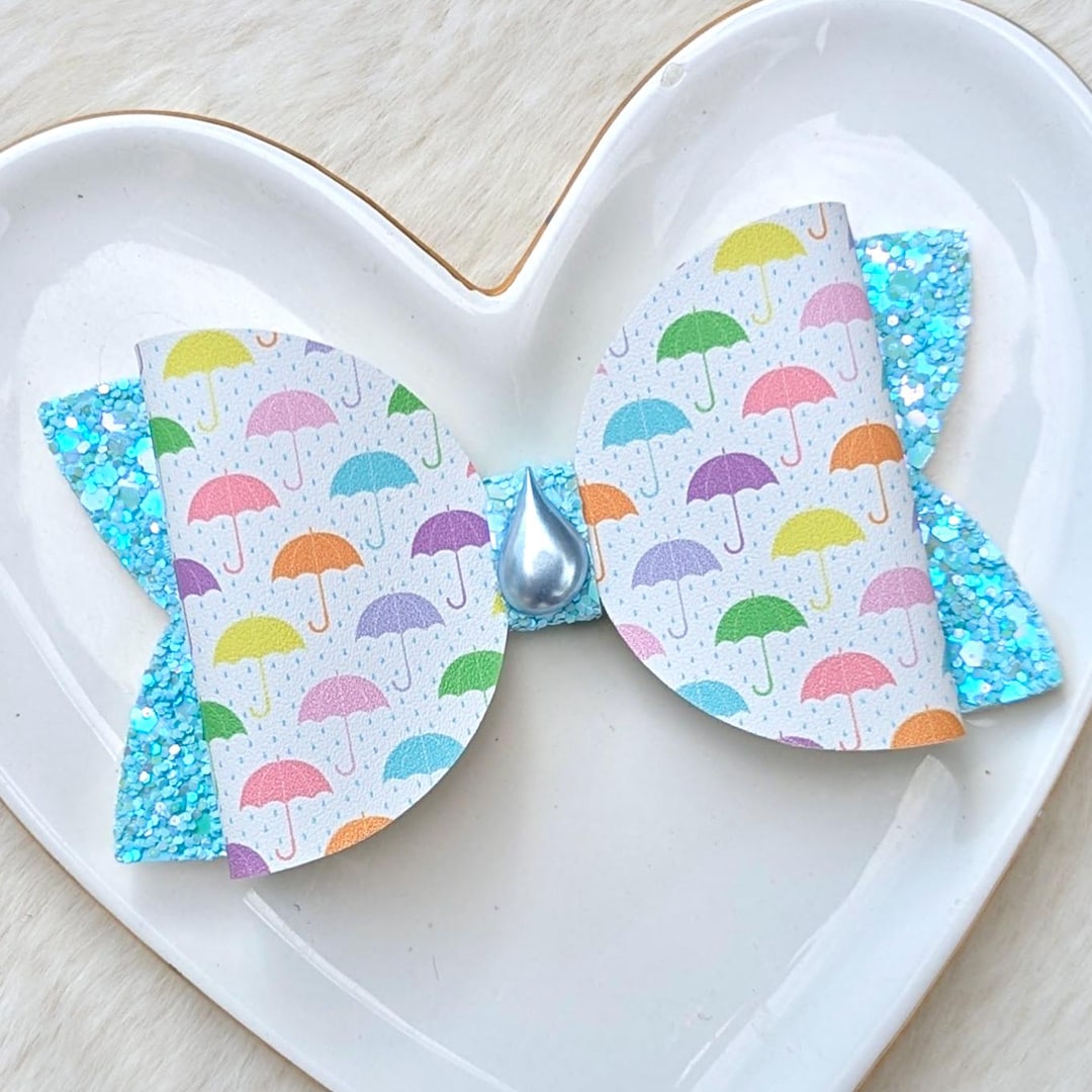 PASTEL RAINBOW UMBRELLA Rainy Day Glitter Bow, Blue Rain Drop Hair Clip ...
