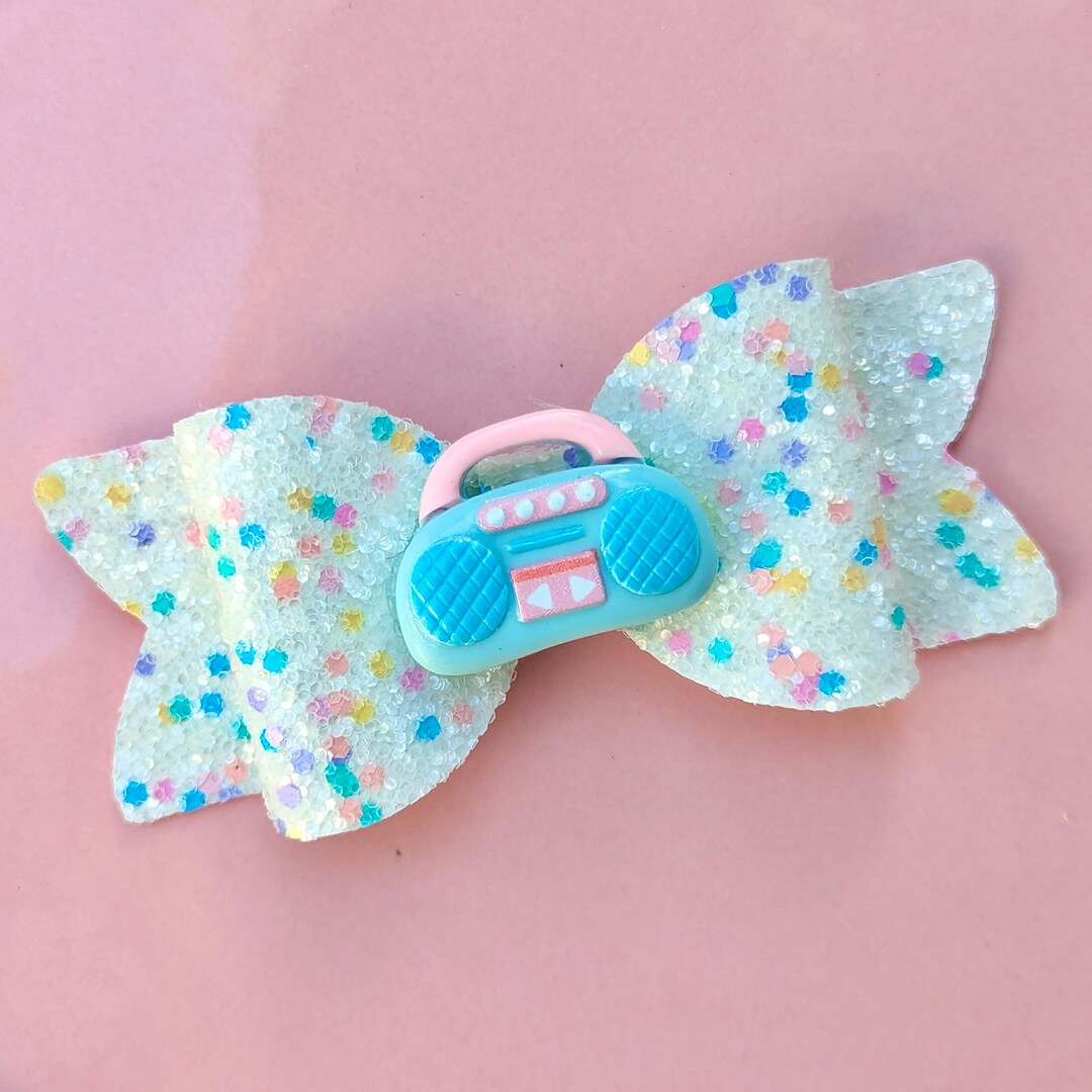 RETRO BOOMBOX RADIO Glitter Bow, Pastel Rainbow Music Blaster Hair Clip ...