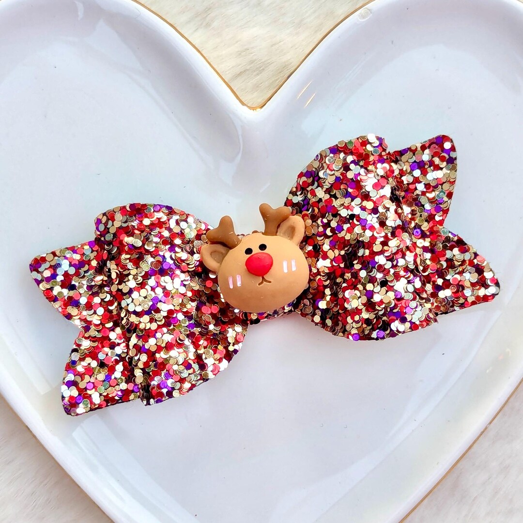 RED NOSE REINDEER Gold Glitter Bow, Brown Antler Hair Clip, Sparkly ...