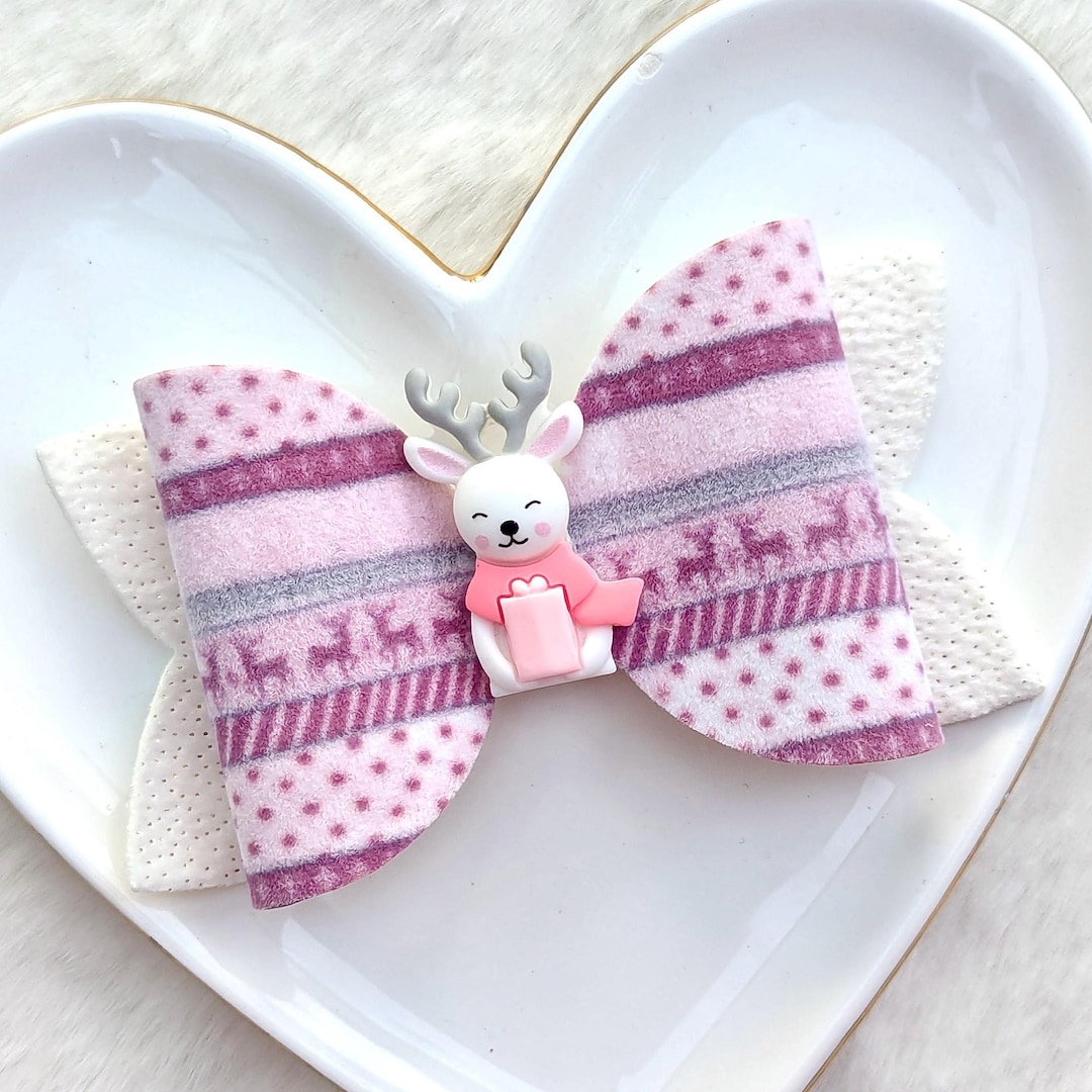 PINK WHITE REINDEER Velvet Bow, Gray Deer Antler Hair Clip, Pastel ...
