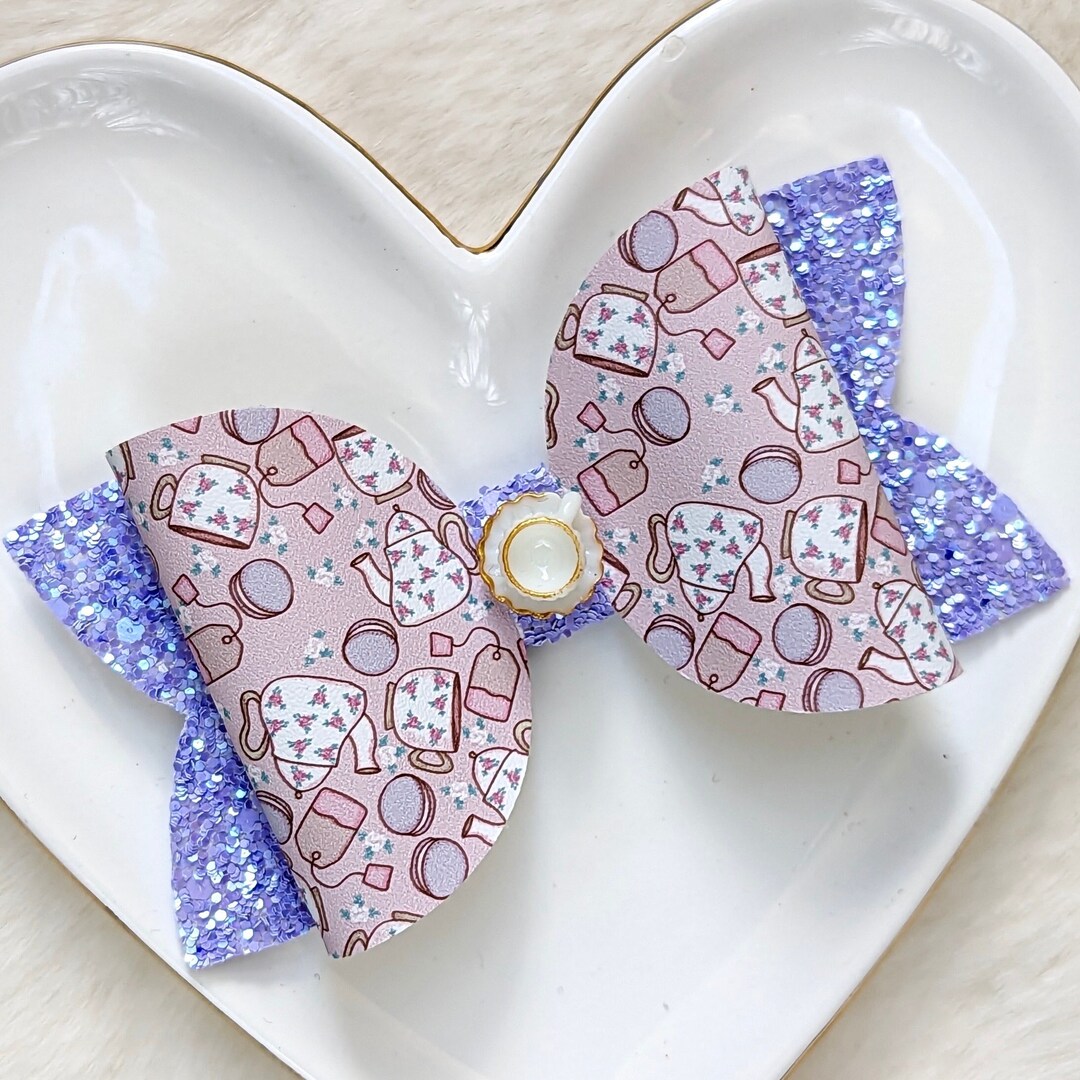LAVENDER TEA PARTY Bow, Pink Teapot Cup Hair Clip, Shabby Chic Macaron ...