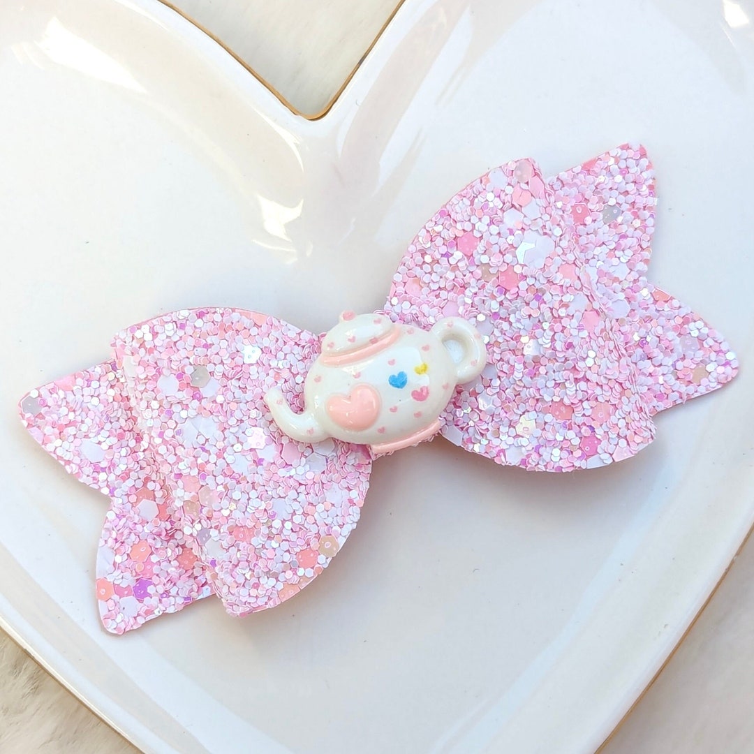 PINK WHITE TEAPOT Glitter Bow, Tea Kettle Party Hair Clip, Light Pastel ...