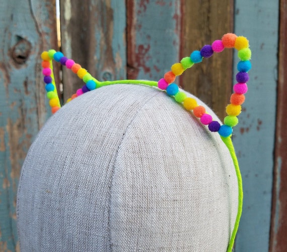 Neon Rainbow Cat Ears Headband Rainbow Pompom Headband Etsy